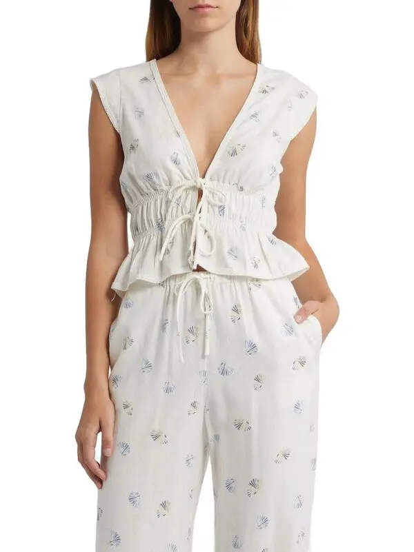 WAYF Clara Tie-front Linen-blend Top - Ivory Seashell