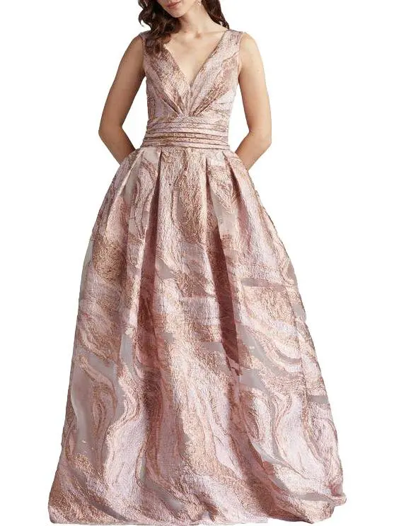 Tadashi Shoji Metallic Textured Abstract Print Gown - Pebble
