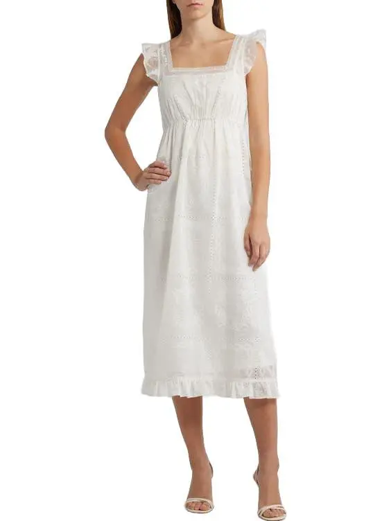 WAYF Rosalie Embroidered Midi Dress - Eggshell