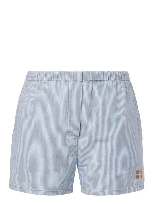 Miu Miu Logo Striped Cotton Shorts - Blue