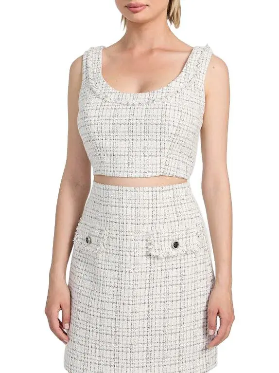 Guess Annamaria Metallic Tweed Crop Top - White And Black Tweed