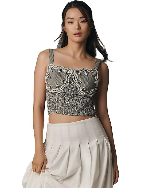 OLLARI Crystal Embellished Bustier Top - Black & White Pinstripe