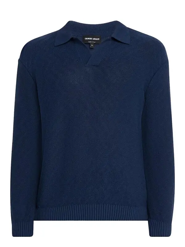 Giorgio Armani Cotton Chevron Johnny Collar Sweater - Solid Medium Blue