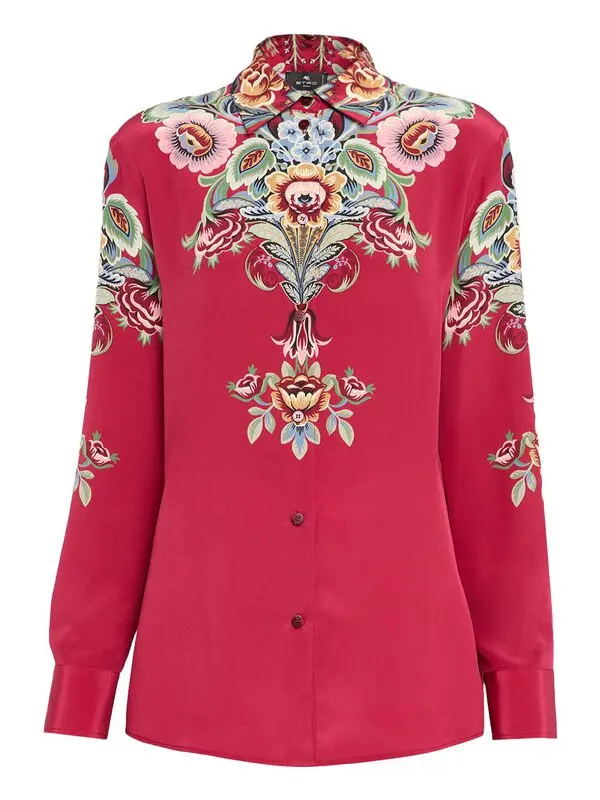 Etro Floral Silk Long-sleeve Tunic Blouse - Print On Bordeaux Ba