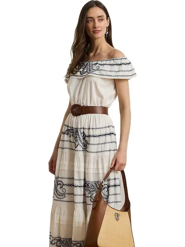 Ralph Lauren Embroidered Voile Off-the-shoulder Dress - White