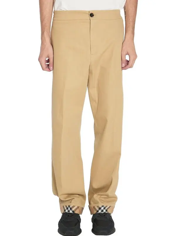Burberry Cotton Trousers With Check Trim - Beige