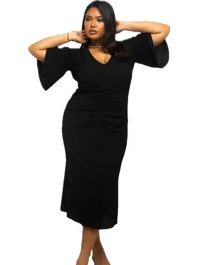 FASHION-SZN CURVE Ruched Flutter Sleeve Midi Dress - Black