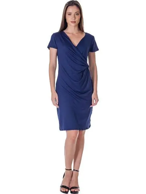 24SEVEN COMFORT APPAREL Short Sleeve Knee Length Faux Wrap Dress - Navy