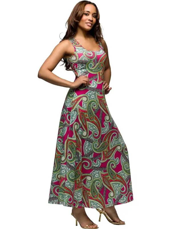 24SEVEN COMFORT APPAREL Paisley Print Scoop Neck A-line Maxi Dress - Pink Multi
