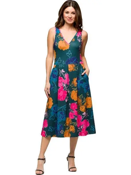 24SEVEN COMFORT APPAREL Midi Length Floral Print Sleeveless Pleated Pocket Dress - Green Multi
