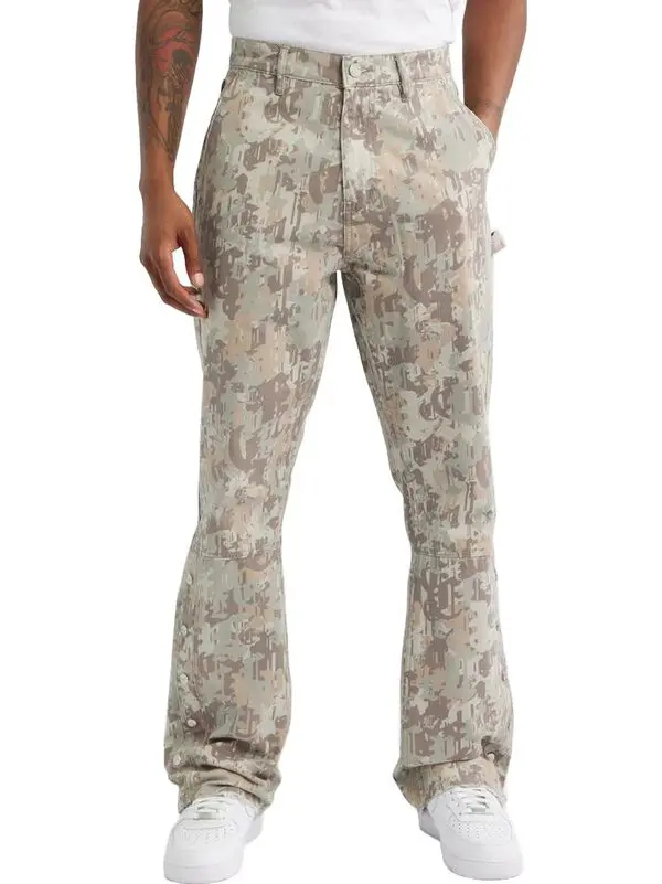 PURPLE BRAND Logo Camo Snap Hem Carpenter Pants - Green Multi