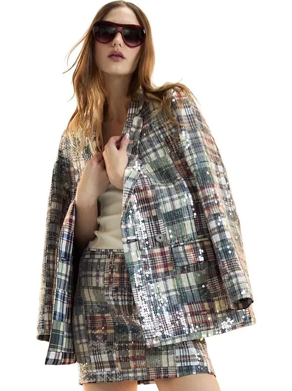 Cynthia Rowley Marisol Madras Sequin Blazer - Gray