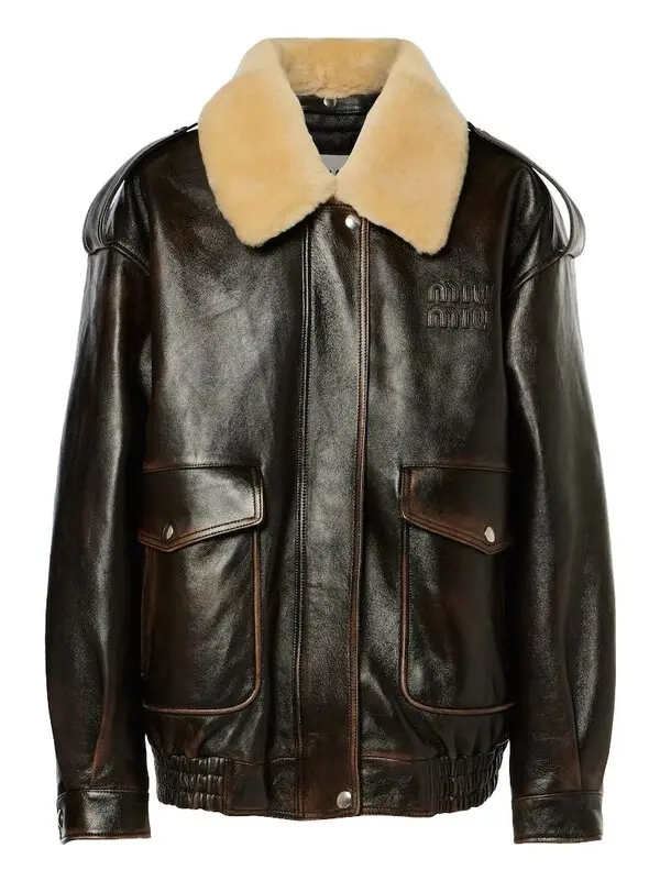 Miu Miu Logo Faux Shearling-trimmed Leather Jacket - Brown