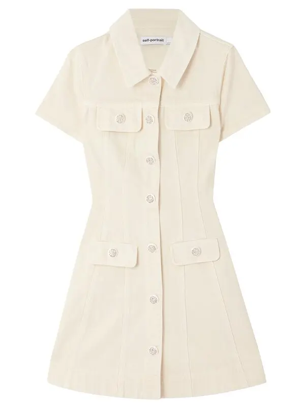 SELF-PORTRAIT Crystal-embellished Denim Mini Shirt Dress - Cream