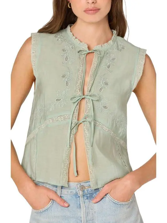 Astr The Label Lace Trim Tie-front Top - Sage