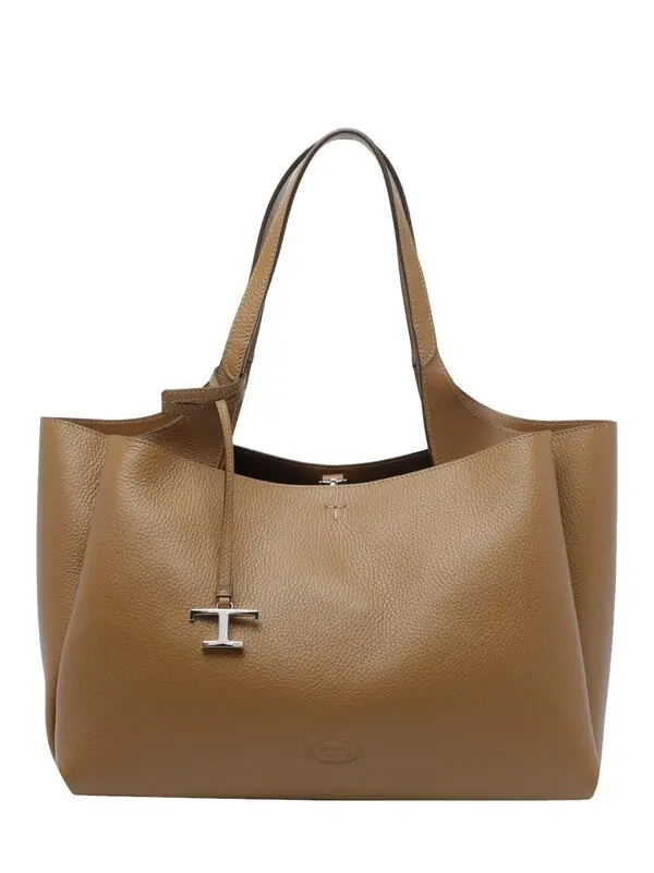 TOD'S Leather Tote Bag With T Logo - Brown