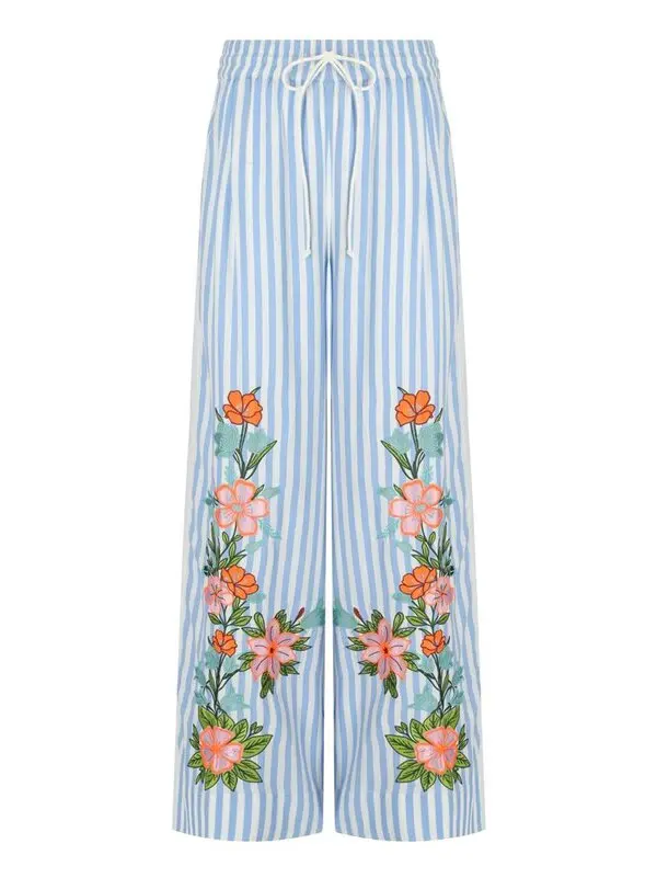 Essentiel Antwerp Striped Wide-leg Pants With Floral Embroidery - Blue