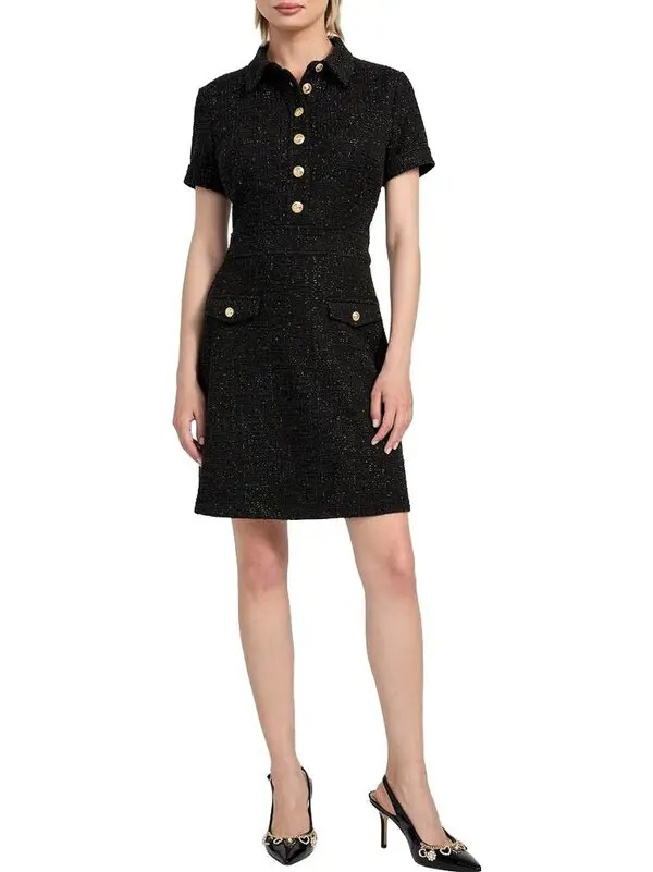 Guess Metallic Tweed Minidress - Black And White Tweed
