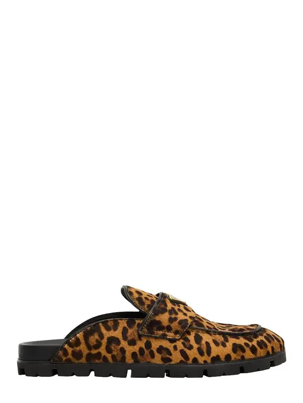Prada Leopard Calf Hair Mules - Miele