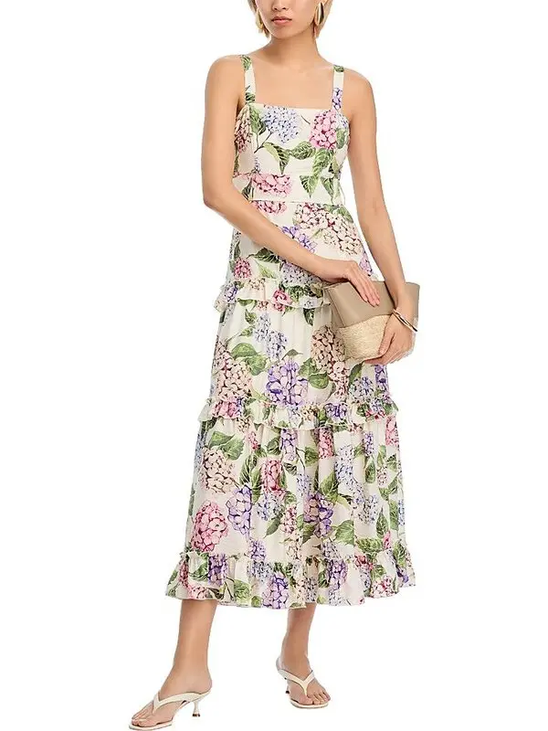 Aqua Hydrangea Tiered Midi Dress Exclusive - White Hydrangea