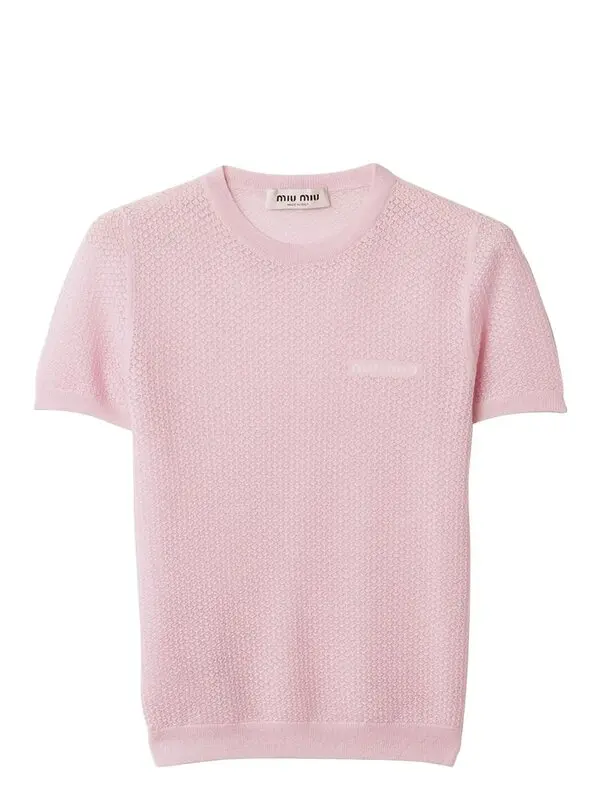 Miu Miu Cashmere Lacy Short-sleeve Sweater - Alabastro