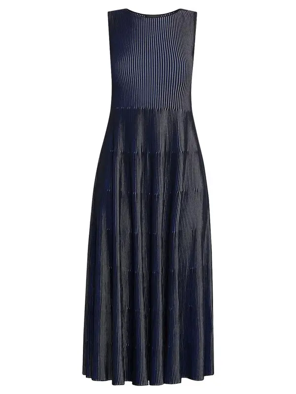 Emporio Armani Sleeveless Tiered Striped Knit Midi Dress - Black Navy Bicolor
