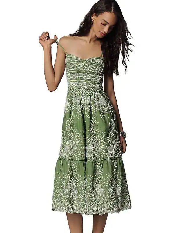 green short long sleeve dress Boden Women's Smocked Jersey Midi Dress in Green main image 1