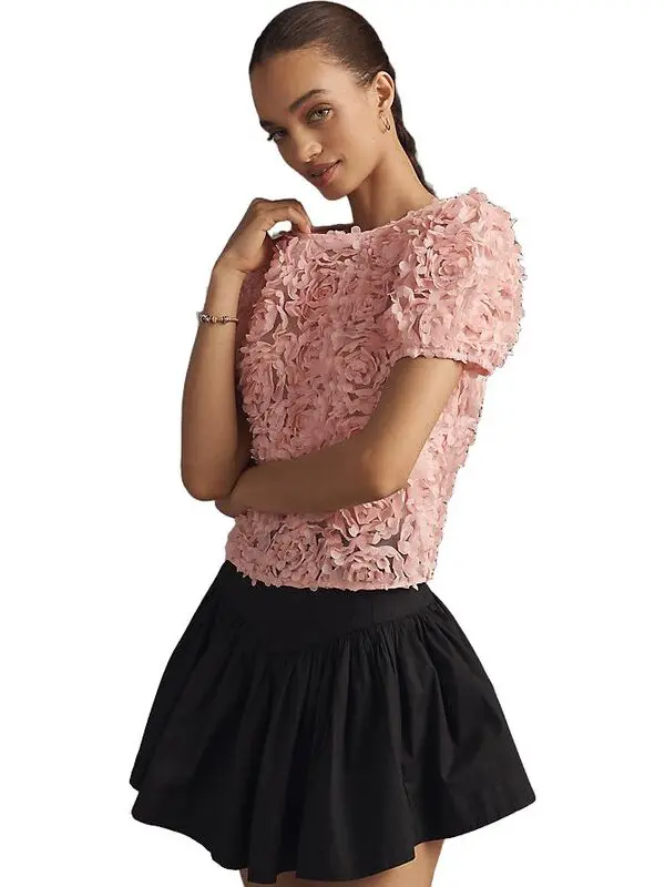DOLAN LEFT COAST Puff-sleeve 3d Floral Top - Frosted Tulip