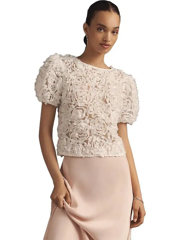 DOLAN LEFT COAST Puff-sleeve 3d Floral Top - Vanilla