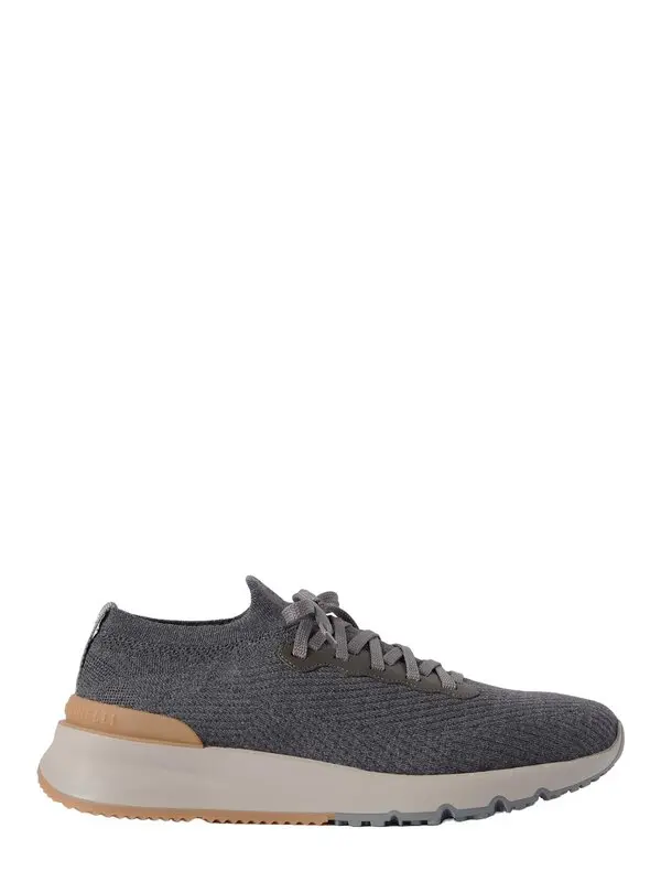 Brunello Cucinelli Leather-trimmed Stretch-knit Sneakers - Gray