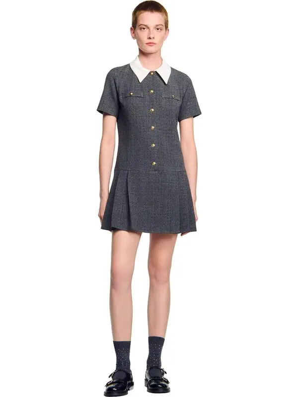 Sandro Mini Pleated Dress With Rhinestones - Grey / Brown