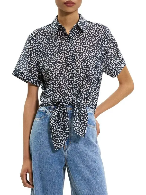 Theory Geometric Tie-front Shirt - Navy Multi