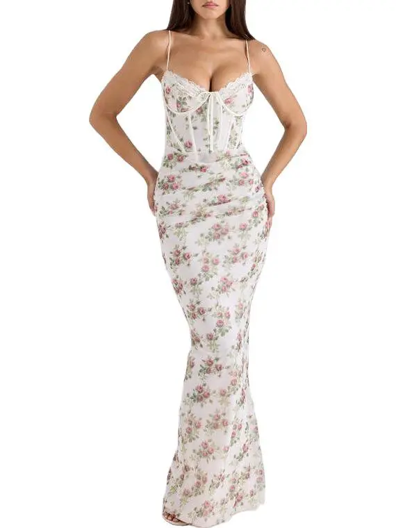 House Of Cb Calista Stretch Mesh Body-con Cocktail Dress - Trailing Roses Cream