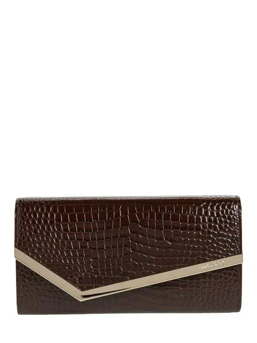JIMMY CHOO Emmie Croc-embossed Leather Clutch - Chocolate/ Light Gold