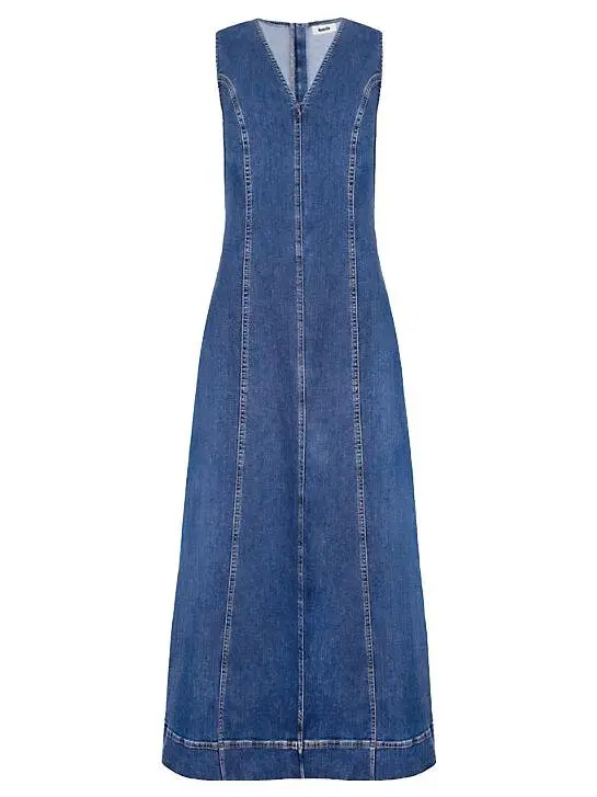 RO&ZO Panelled V-neck Stretch-denim Maxi Dress - Blue