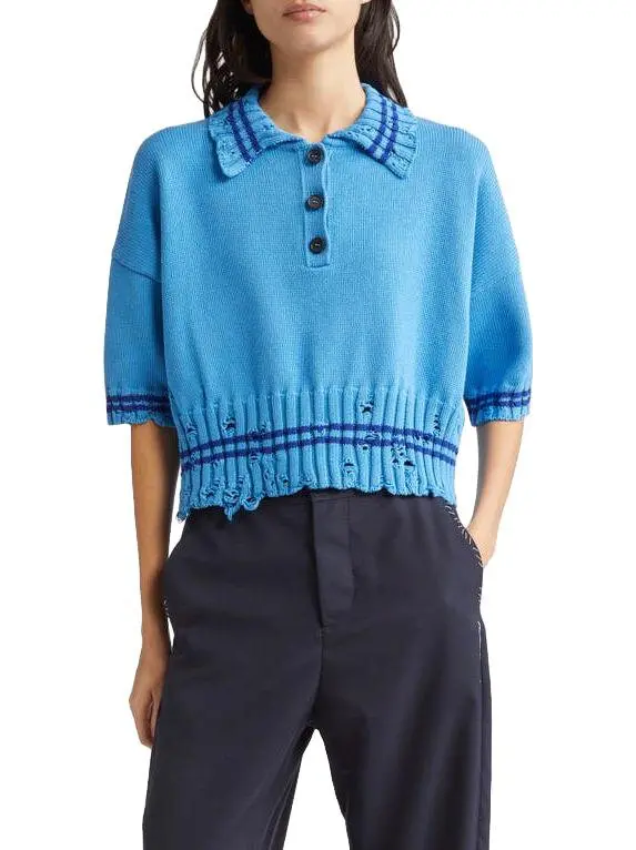 Marni Mending Logo Distressed Boxy Cotton Polo Sweater - V2b52 Azure