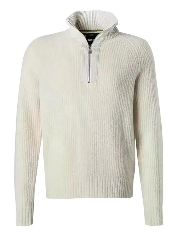 Hugo Boss Ribbed High-neck Half-zip Sweater - Neutrals