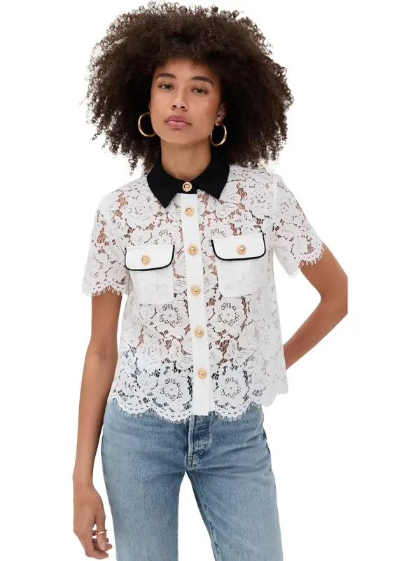 SELF-PORTRAIT Lace Contrast Collar Top - White