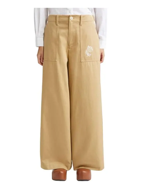 Marni Rose Embroidered Cotton Gabardine Wide-leg Pants - Cement
