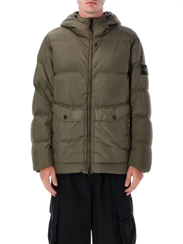 Stone Island Garment Dyed Crinkle Hooded Down Jacket - Military Green