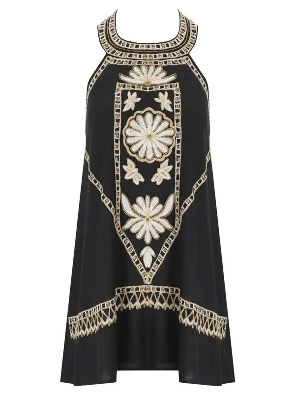 PAHIESA FORMENTERA Floral-embroidered Halter Dress - Black
