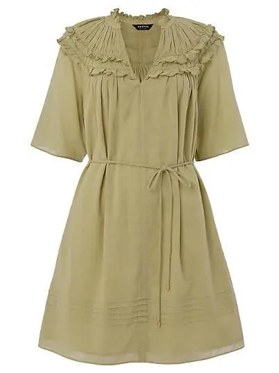 Whistles Frill-trim Belted-waist Cotton Mini Dress - Khaki/olive
