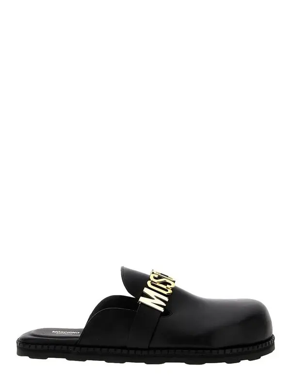 Moschino Leather Sabots With Logo Appliqu - Black