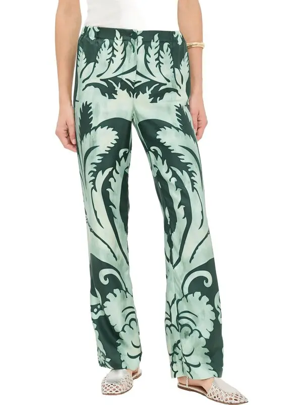F.R.S FOR RESTLESS SLEEPERS Etere Printed Silk Satin Pants - Dark Green Background Damask