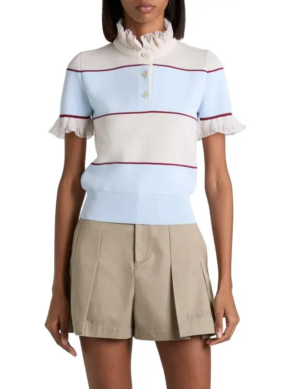 Alexander McQueen Lace Ruffle Stripe Polo - Shir Blue/ Ivory/ Bord