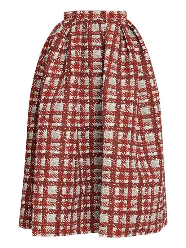 Oscar De La Renta Textured Plaid-print Pleated Midi Skirt - Burgundy Blue
