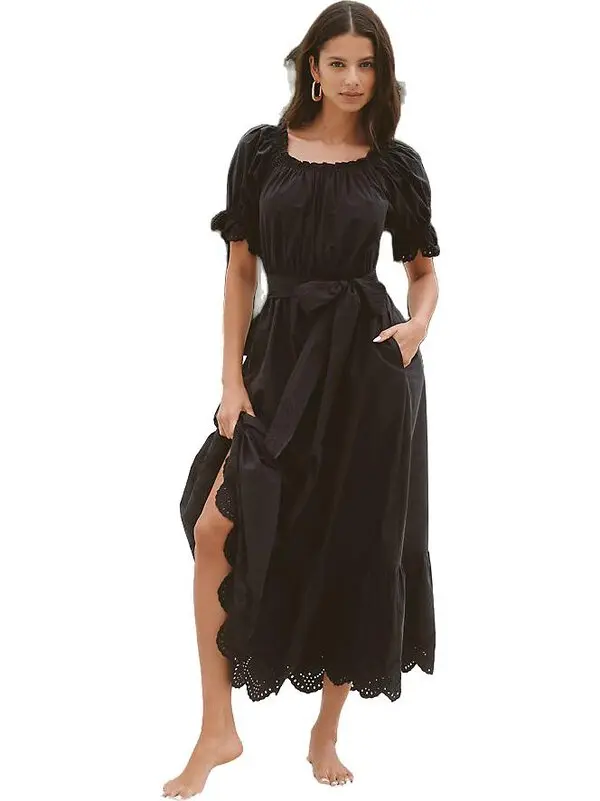 SNDYS Mele Puff-sleeve Off-the-shoulder Midi Dress - Black