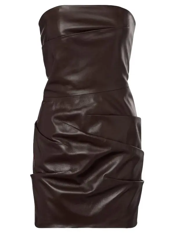 Attico Draped Leather Mini Dress - Brown