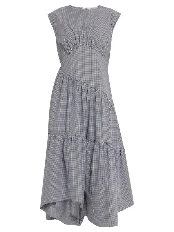 FRAME The Check Gathered Cotton Midi Dress - Navy Multi