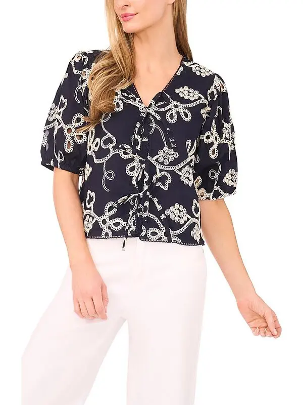 CECE DUPRAZ Embroidered Tie Front Top - Night Shade